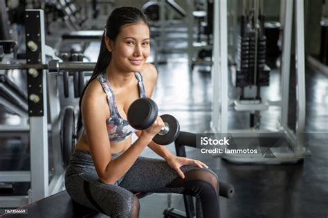 체육관에서 벤치에 아령을 들어 올리는 근육을 펌핑 스포츠 웨어피트니스 여성 소녀 운동bodybuilderworkout 카메라를 보고 가냘픈에 대한 스톡 사진 및 기타 이미지