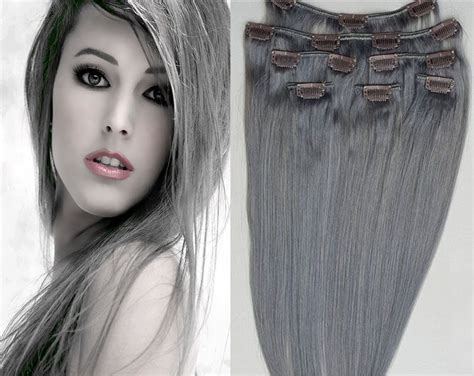 Silver Grey Hair Extensions Virgin Peruvian Hair Straight Clip In Human