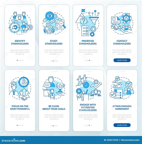 Stakeholder Management Analysis Blue Onboarding Mobile App Screen Set Stock Vector