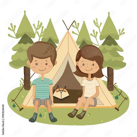 숲속 경치 좋은 곳에서 텐트를 치고 가족과 함께하는 캠핑 여행 미니멀리스트 일러스트 벡터 평면 일러스트 부드러운 가장자리 심플한 디자인 미니멀리스트 일러스트