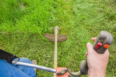 가솔린 잔디 트리머 녹색 잔디를 깎고 바지를 착용 하는 남자 채 초 잔디와 아직 깍 간의 차이 중간에 트리머 잔디 계절에 대한 스톡 사진 및 기타 이미지 Istock
