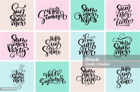 인쇄 상의 안녕하세요 여름 디자인을 설정 합니다 손으로 그린 벡터 붓글씨 텍스트 디자인 서식 파일 여름 시간 시즌 로고 포스터 T셔츠 전단지 의류 디자인 0명에 대한 스톡