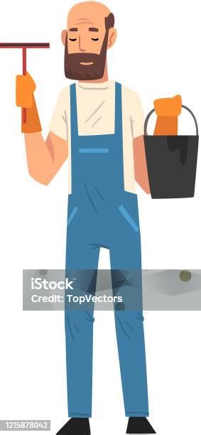 전문 청소 남자 와 스퀴지 와 양동이 남성 노동자 캐릭터 옷을 입고 푸른 바지와 고무 장갑 청소 회사 직원 벡터 일러스트 가사 집안일에 대한 스톡 벡터 아트 및 기타 이미지