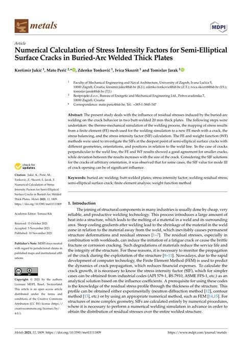 Pdf Numerical Calculation Of Stress Intensity Factors For Semi Elliptical Surface Cracks In