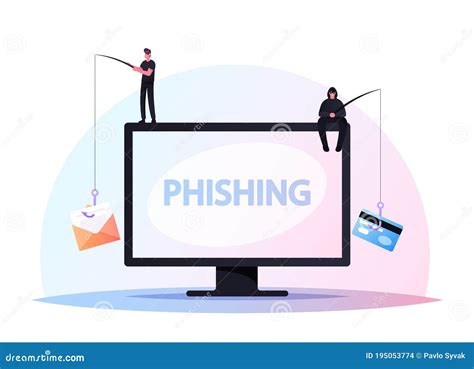 Tiny Hackers Male Characters Sitting On Huge Computer With Rods Phishing Via Internet Email