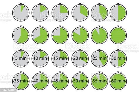 녹색 원 시계 세트입니다 스톱워치 아이콘 벡터입니다 흰색 벡터 이미지입니다 크로노미터 타이머 사인 스톡 이미지 Eps 10 10