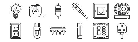 선형 전기 도구 및 요소 아이콘 의 12 세트 G 퓨즈 분석기 전화 소켓 저항기 웹 모바일용 측정 테이프와 같은 얇은 윤곽선 아이콘 0명에 대한 스톡 벡터 아트 및 기타