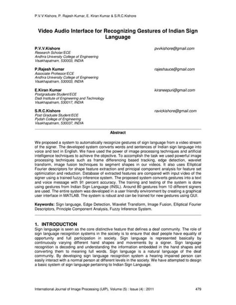 video audio interface for recognizing gestures of indian sign language