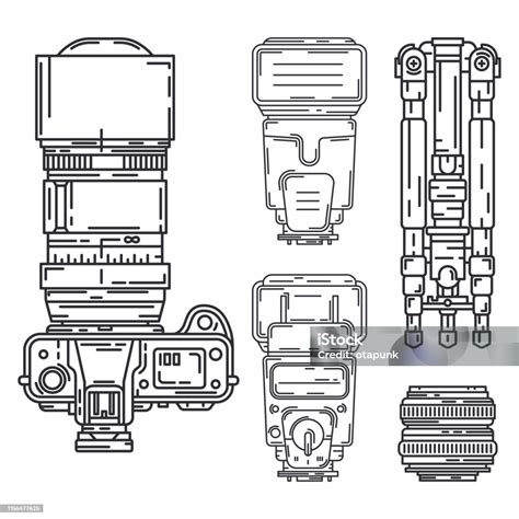 라인 벡터 아이콘 세트 디지털 사진 작가 전문 장비 사진 예술 사진 삼각대 카메라 다양한 렌즈 플래시 만화 스타일 일러스트 요소