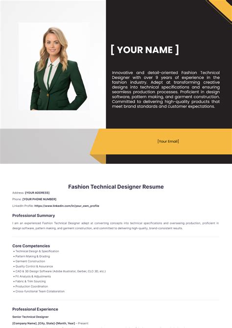 Free Fashion Technical Designer Resume Template To Edit Online