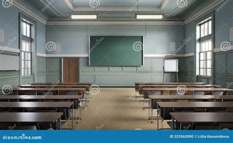A Large Empty Classroom With Rows Of Desks And A Large Chalkboard