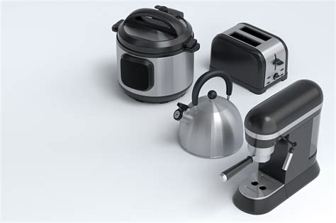 주전자 토스터기 흰색 바탕에 경적과 멀티 쿠커가있는 커피 머신 3차원 형태에 대한 스톡 사진 및 기타 이미지 3차원 형태 가정 주방 가정용 장비 Istock