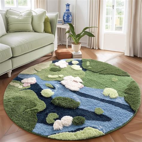 Yihouse Modern Round Area Rug Grass Green Moss Aesthetic