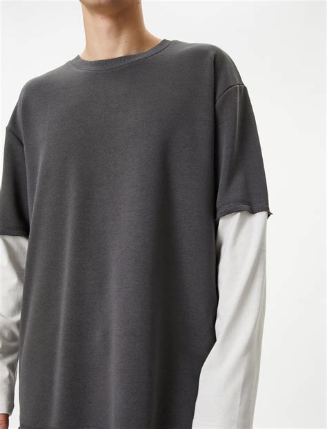Siyah Erkek Uzun Kollu Tişört Oversize Bisiklet Yaka Kol Detaylı Renk Bloklu 4wam10316hk Koton