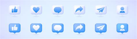 벡터 소셜 미디어 3d 아이콘 세트 엄지 손가락 메시지 댓글 보내기 공유 팔로우 및 좋아요 메시지 버블에 있는 그림의 3차원 벡터 컬렉션입니다 소셜 네트워크 버튼 3차원