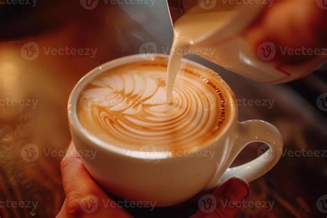 Intricate Latte Art Creation With Steamed Milk In Cozy Cafe Ambiance
