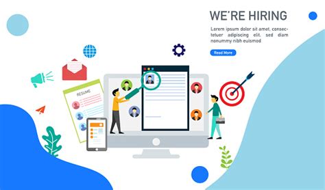 우리는 고용 하 고 작은 사람들과 온라인 모집 개념 캐릭터 방문 페이지 템플릿 모바일 애플 리 케이 션 배너 서식 파일 벡터 일러스트 레이 션에 적합 개념에 대한 스톡 벡터