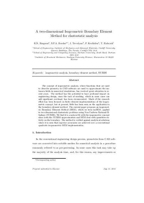 Pdf An Isogeometric Boundary Element Method For Elastostatic Analysis