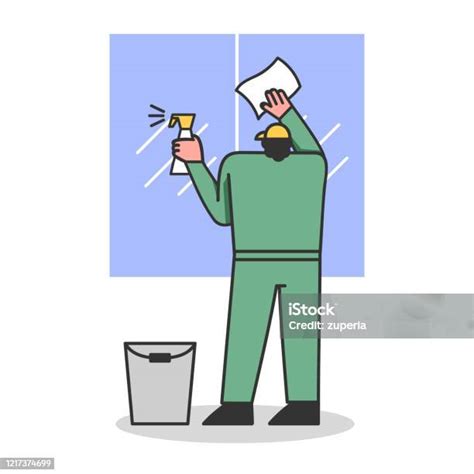 윈도우 청소를위한 전문 장비와 유니폼 창 청소기 남자 청소 및 스프레이 와 냅킨을 사용 하 여 건물의 외관 창을 문질러 만화 선형 윤곽선 평면 벡터 일러스트 가사 집안일에