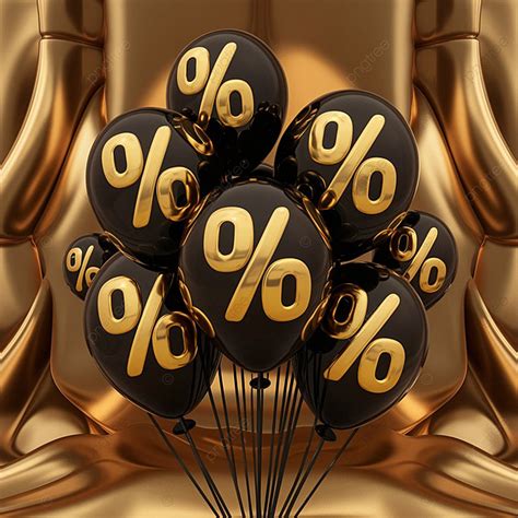 고급스러운 황금색 배경 위에 굵은 금색 퍼센트 기호가 떠 있는 검은색 풍선의 멋진 3d 렌더링 그림 3d 렌더링 그림 검은