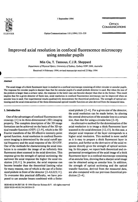 Pdf Improved Axial Resolution In Confocal Fluorescence Microscopy Using Annular Pupils