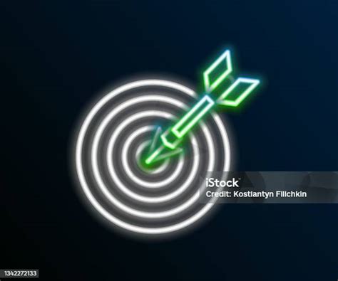 검은 색 배경에 격리 된 화살표 아이콘으로 빛나는 네온 라인 대상 다트 보드 기호 양궁 보드 아이콘 다트보드 기호 비즈니스 목표 개념 다채로운 개요 개념 벡터 개념에 대한