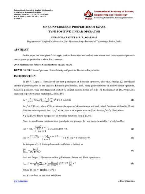 Ijamss On Convergence Properties Of Szasz Type Positive Linear Operator Pdf Continuous