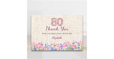 Elegant 80th Birthday Thanks For Her Pink Floral Thank You Card Zazzle
