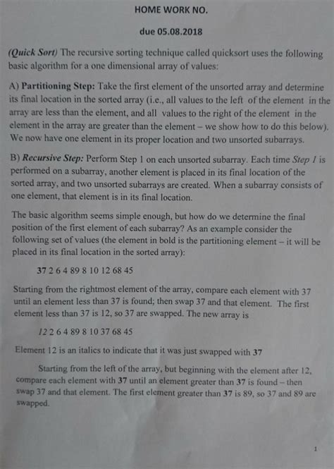 solved home work no due 05 08 2018 quick sort the