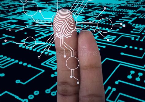 Human Finger Scanning Over Biometric Scanner Against Microprocessor Connections On Black