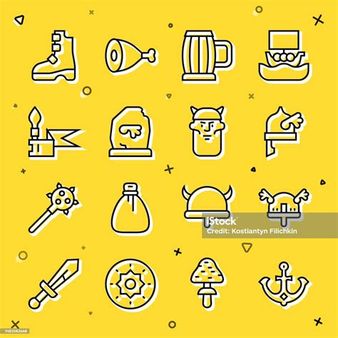 뿔 달린 헬멧을 쓴 바이킹 나무 맥주잔 마법의 룬 중세 창 고대 바이킹 부츠 머리 아이콘을 설정합니다 벡터 가방에 대한 스톡