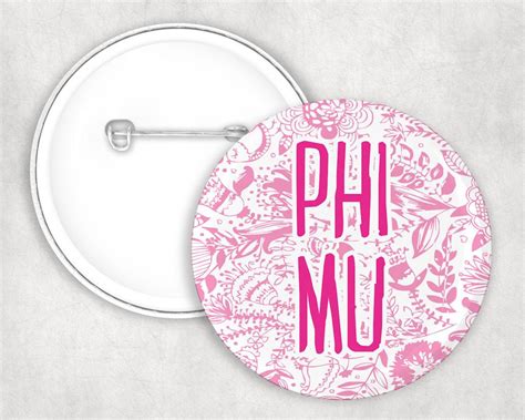 Phi Mu Floral Text Pin Buttons Greek Gear