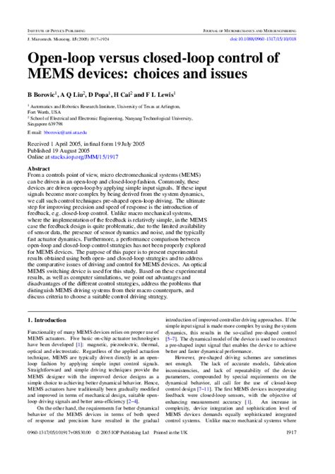 Pdf Open Loop Versus Closed Loop Control Of Mems Devices Choices And Issues