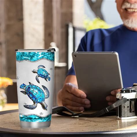 20oz 스테인리스 스틸 텀블러 바다 거북이 디자인 진공 단열 여행 머그잔 Bpa 프리 뚜껑 바다 보석 스타 Temu