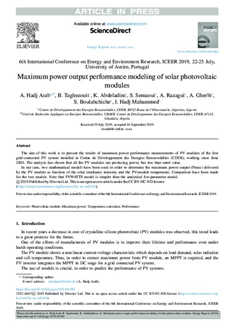 Pdf Maximum Power Output Performance Modeling Of Solar Photovoltaic