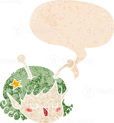 Cartoon Alien Space Girl Face And Speech Bubble In Retro Textured Style