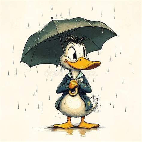 Cartoon Duck Holding An Umbrella Staying Dry In The Rain Stock