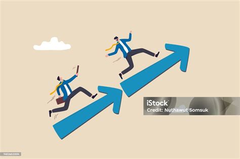 비즈니스 성공 성장 또는 팀 성취 협력 또는 팀 공동 작업 공생 개념 신뢰할 수있는 사업가 릴레이 배턴 패스를위한 파트너십 또는 팀워크는 성장하는 화살에 동료에게 전달됩니다