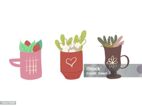단풍과 다양한 재료로 차 장식 컵의 플랫 일러스트 세트 딸기 카모마일 단풍을 곁들인 여름 차 마법의 벡터 키트 0명에 대한 스톡 벡터 아트 및 기타 이미지 Istock