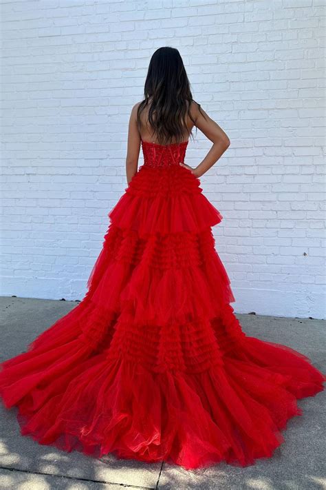 Hot Pink Sweetheart Prom Dress Fuchsia Tiered Ruffles Evening Gown