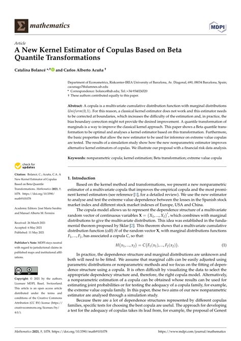 Pdf A New Kernel Estimator Of Copulas Based On Beta Quantile Transformations