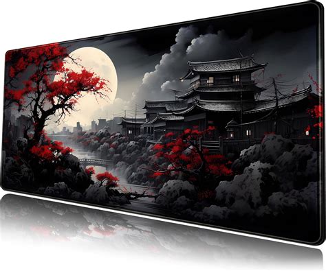 Riverside Full Moon Japanese Desk Mat Large Black Red Gaming Mousepad