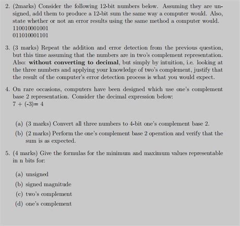 Solved 2 2marks Consider The Following 12 Bit Numbers Chegg Com