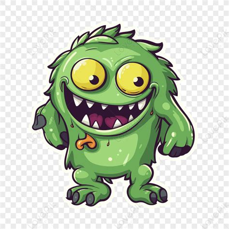 큰 눈과 거대한 이빨을 가진 귀여운 만화 캐릭터 녹색 괴물 벡터 일러스트 클립 아트상표