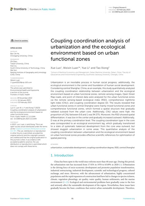 Pdf Coupling Coordination Analysis Of Urbanization And The Ecological