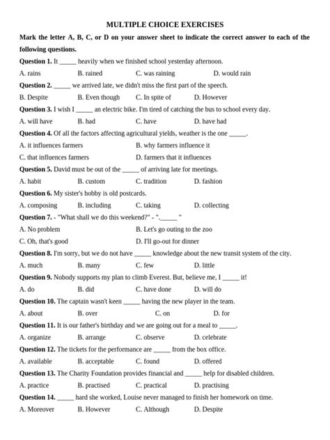 Multiple Choice Grammar Exercises Pdf