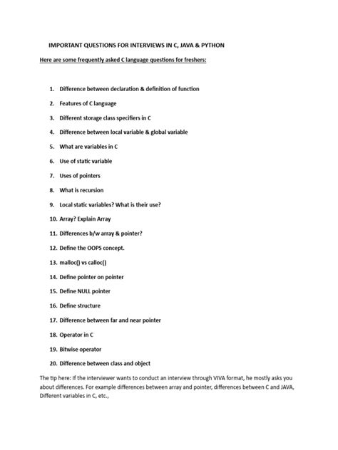 Important Questions For Interviews In C Java And Python Pdf Method