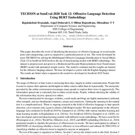 Techssn At Semeval 2020 Task 12 Offensive Language Detection Using Bert Embeddings Acl Anthology
