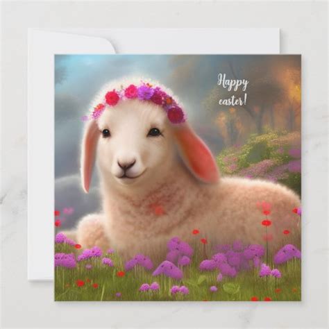 Cute Easter Lamb With Flowers Easter Card Zazzle