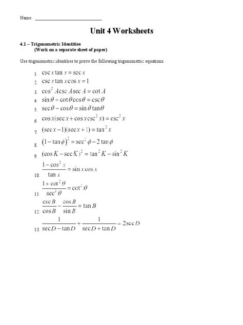 Ws Unit 4 Packet Pdf Trigonometric Functions Mathematical Relations